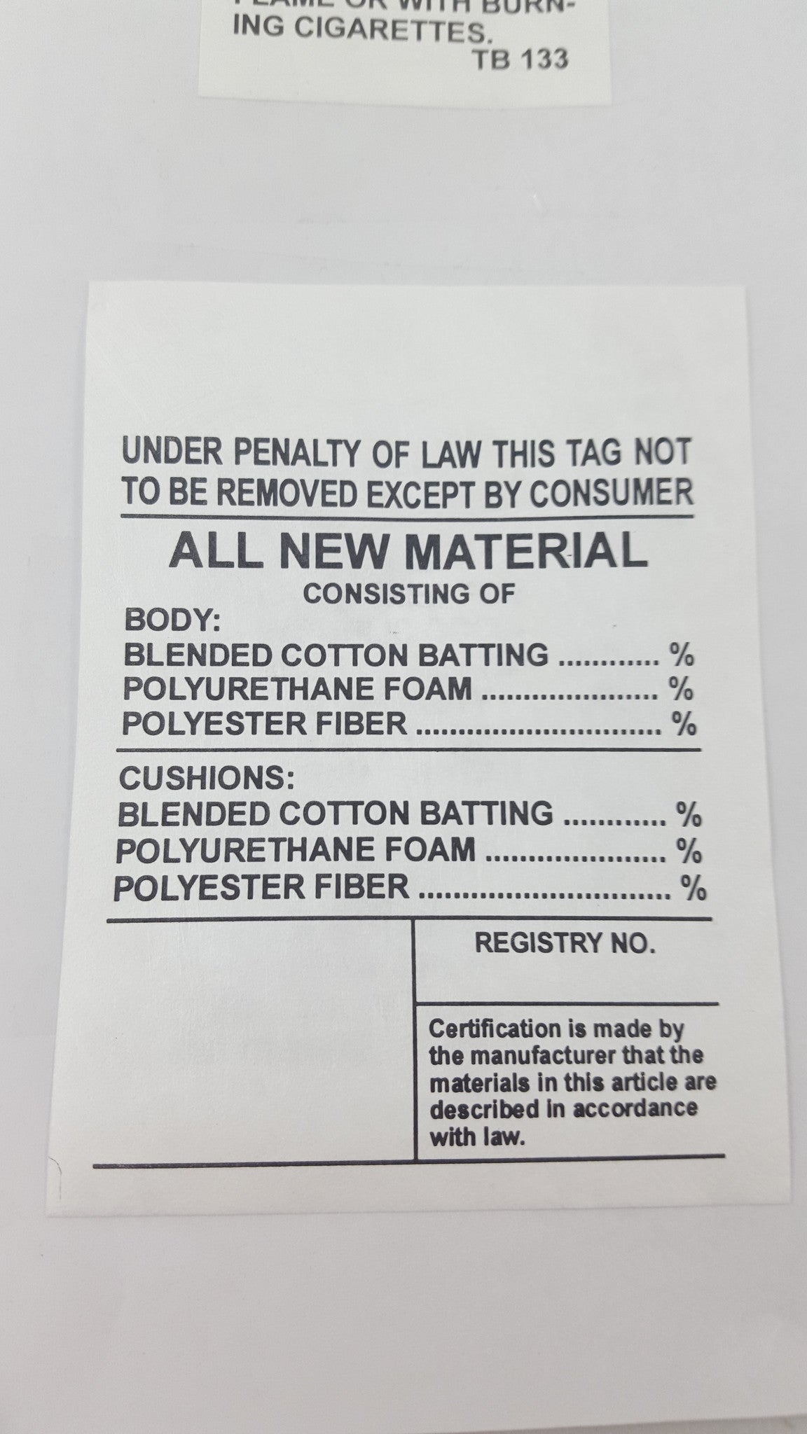 All New Material Law Label — Ronco Furniture
